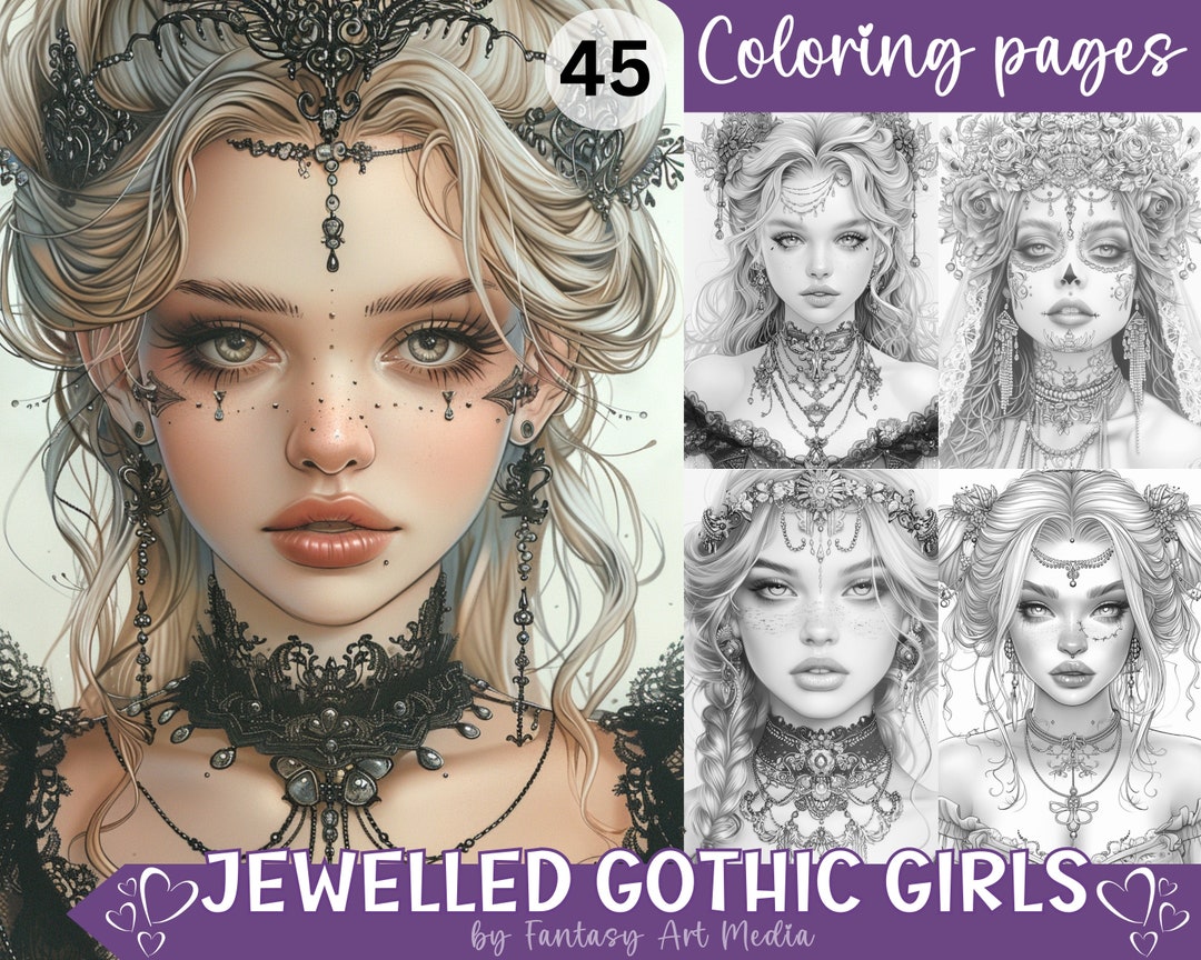 Jewelled Gothic Girls Grayscale Coloring Pages, Printable Adult Woman ...