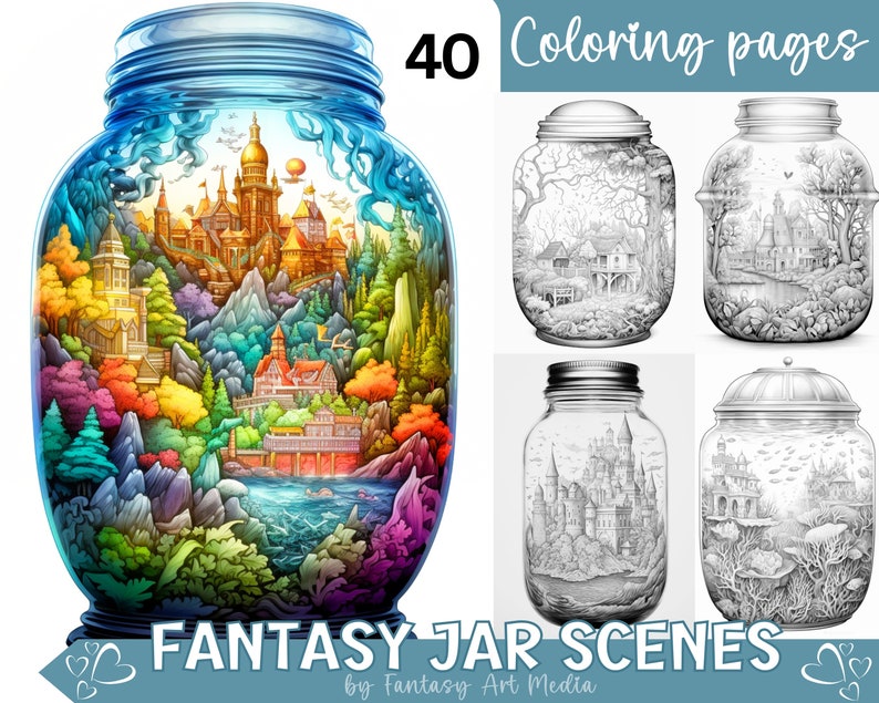 Fantasy Jar Scenes Coloring Pages | Printable Adult Magical Fairytale ...