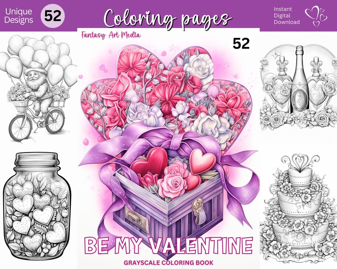 Be My Valentine Grayscale Coloring Pages | Printable Adult Valentines ...