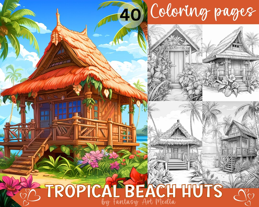 40 Tropical Beach Huts Coloring Pages | Printable Adult Grayscale Beach ...