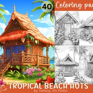 40 Tropical Beach Huts Coloring Pages | Printable Adult Grayscale Beach ...