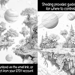 Celestial Scapes Coloring Pages, Printable Adult Grayscale Fantasy ...