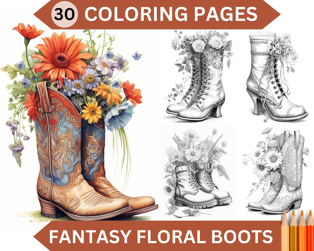 30 Floral Boots Coloring Pages | Printable Adult Grayscale Coloring ...