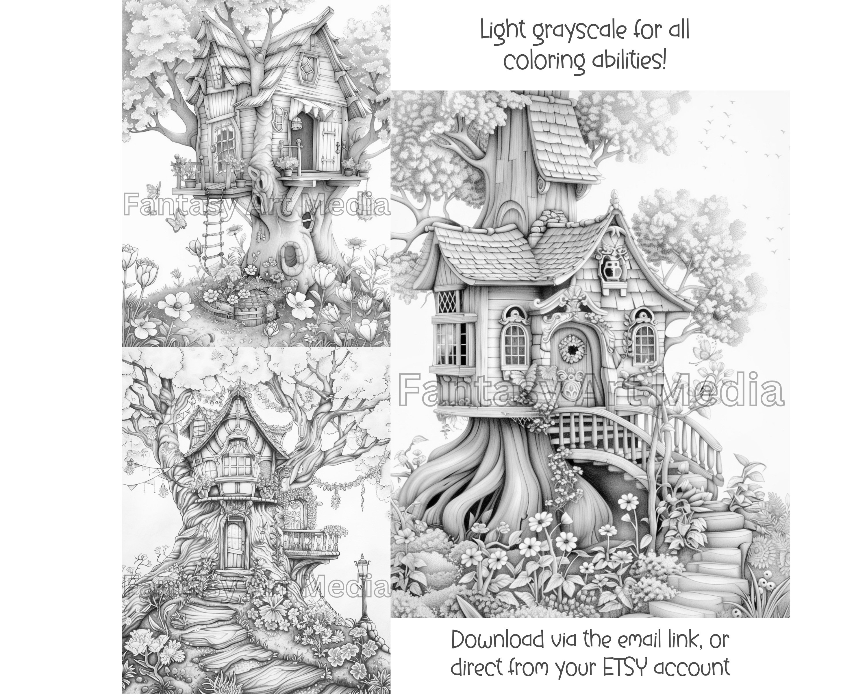Fantasy Treehouses Coloring Pages, Printable Adult Grayscale Floral ...