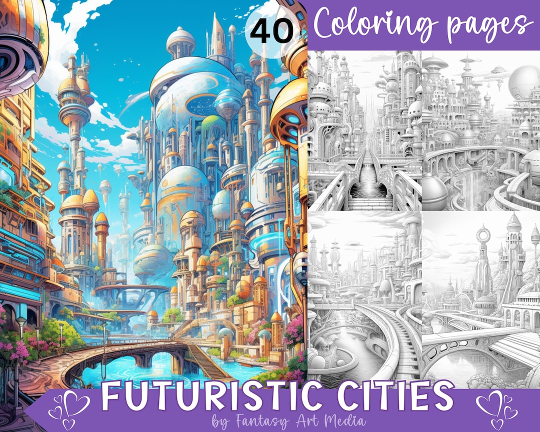 Futuristic Cities Coloring Pages, Printable Adult Fantasy Magical ...