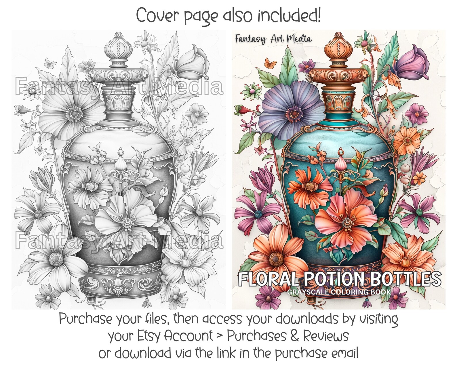 Floral Potion Bottles Grayscale Coloring Pages, Printable Adult ...