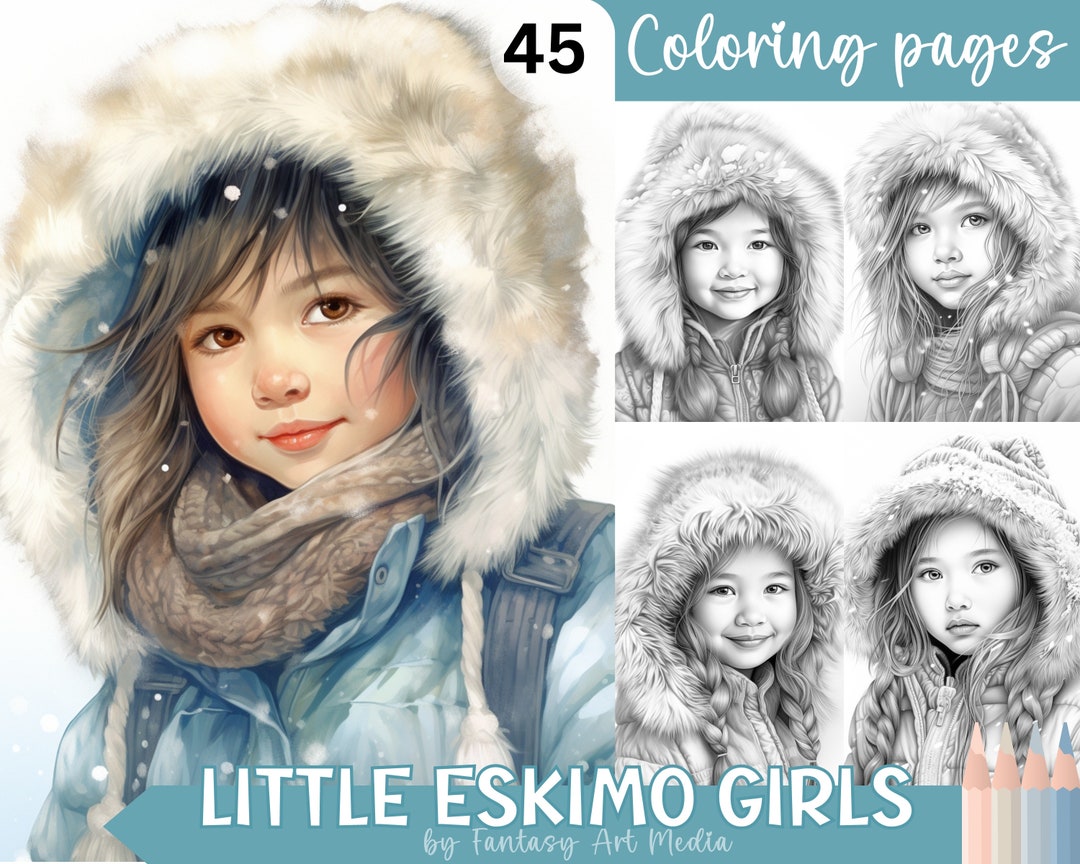 45 Little Eskimo Girls Coloring Pages, Printable Adult Grayscale Cute ...