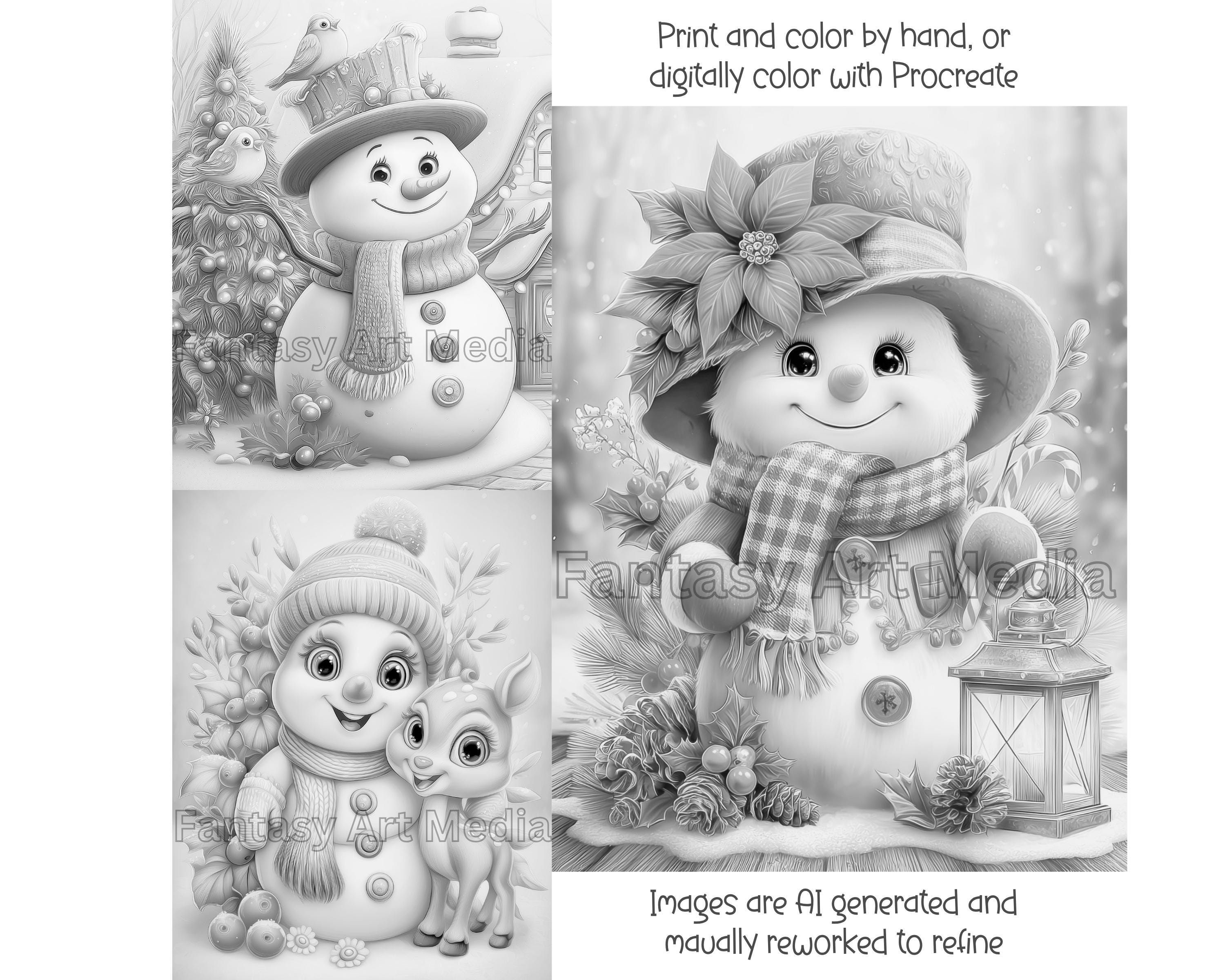Adorable Winter Snowman Coloring Pages, Printable Adult Grayscale ...