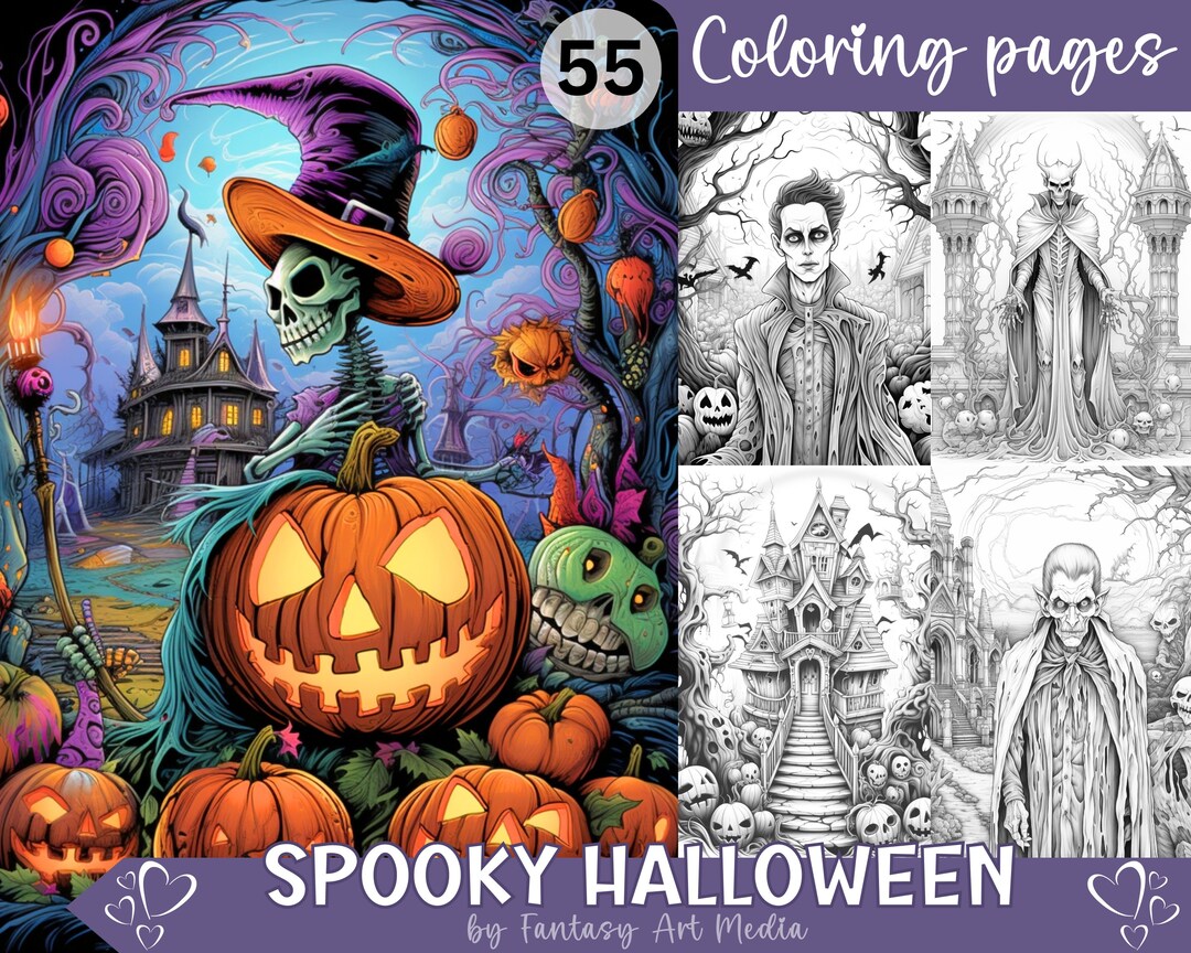 Spooky Halloween Grayscale Coloring Pages, Haunted House Skeleton ...