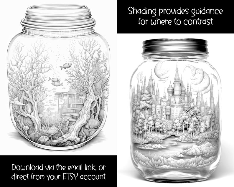 Fantasy World Jars Coloring Pages | Printable Adult Magical Fairytale ...
