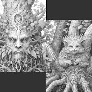 40 Fantasy Tree Creatures Coloring Pages | Printable Adult Grayscale ...