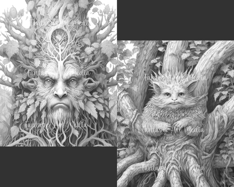 40 Fantasy Tree Creatures Coloring Pages | Printable Adult Grayscale ...