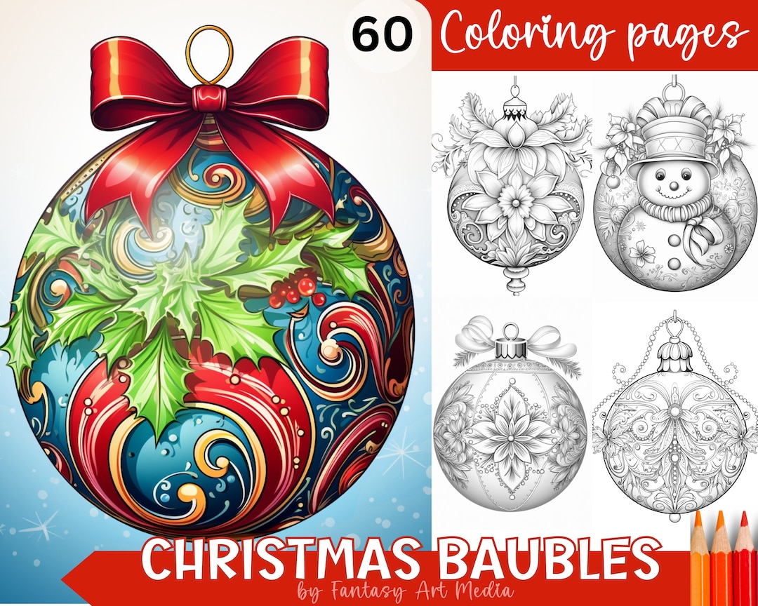 Christmas Baubles Coloring Pages: 60 Grayscale Designs (printable PDF ...