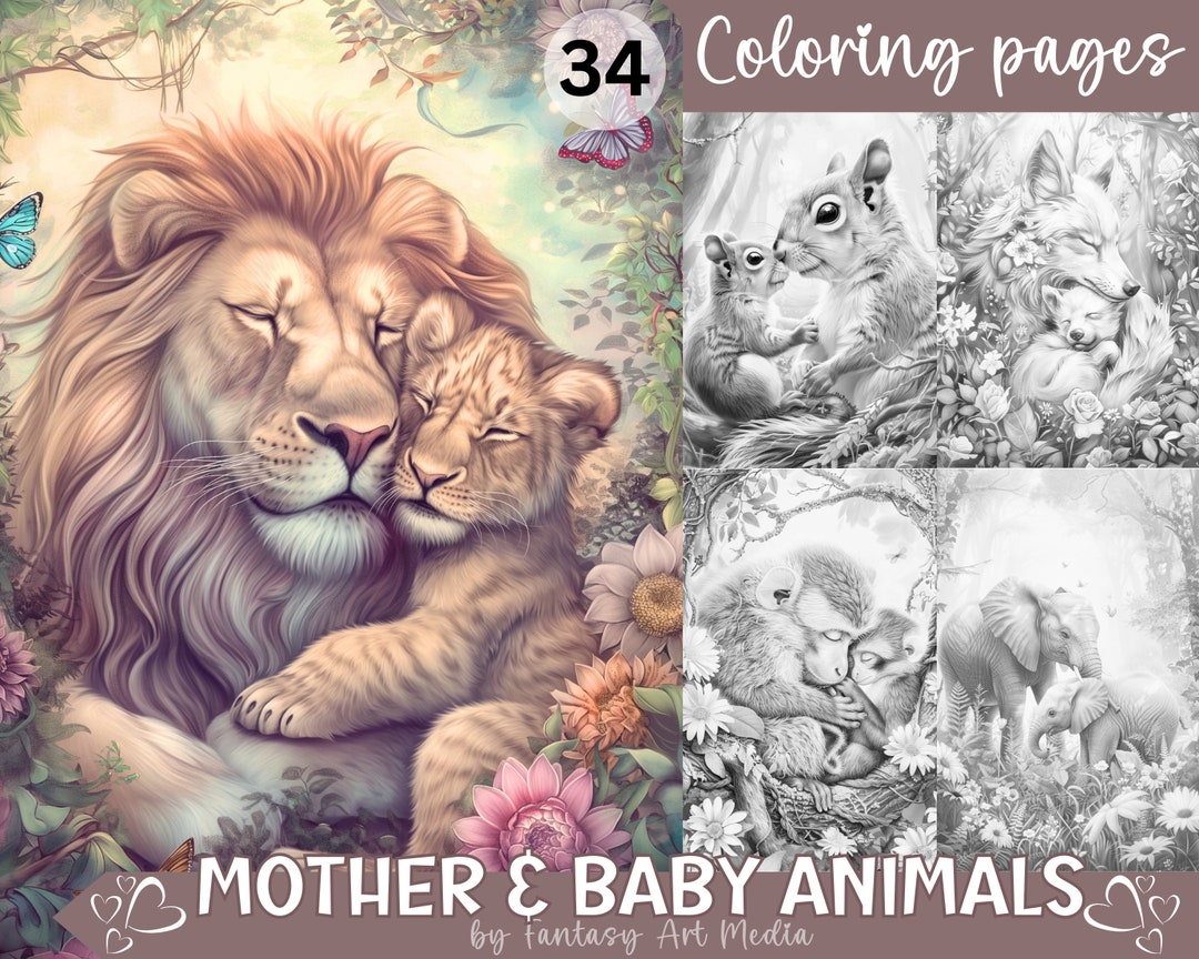 Mother & Baby Animals Coloring Pages, Adult Grayscale Cute Forest ...