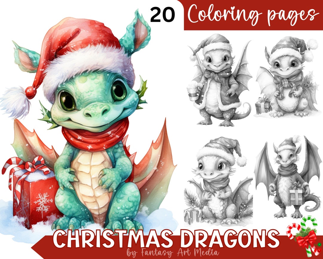 Christmas Dragons Grayscale Coloring Pages | 20 Printable Adult Animal ...