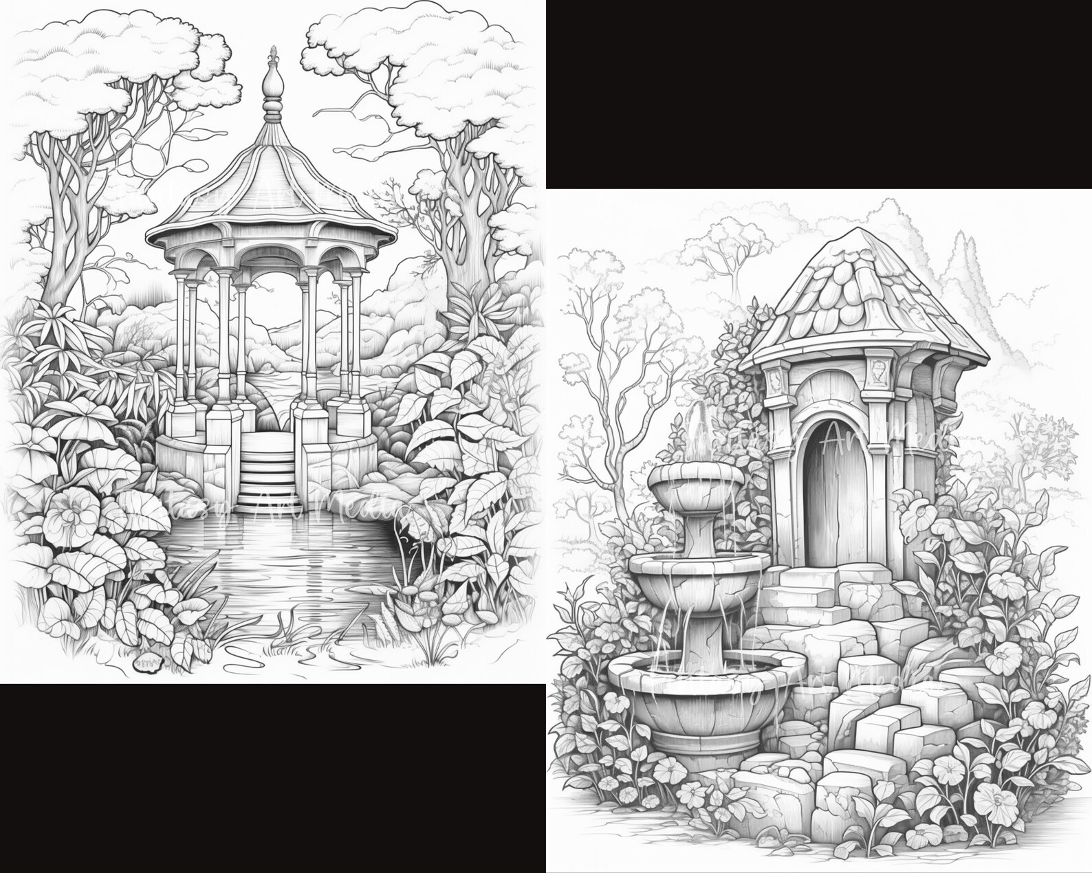Wishing Wells Coloring Pages: 50 Grayscale Cottage Garden Designs ...