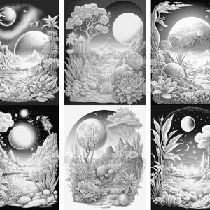36 Galactic Scapes Coloring Pages | Printable Adult Grayscale Fantasy ...