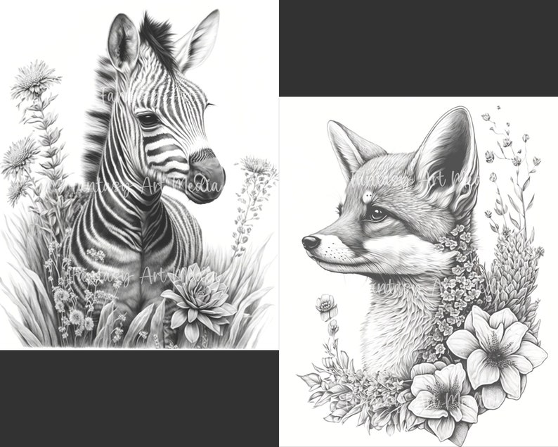 30 Baby Animals (on White) Grayscale Coloring Pages | Printable Adult ...