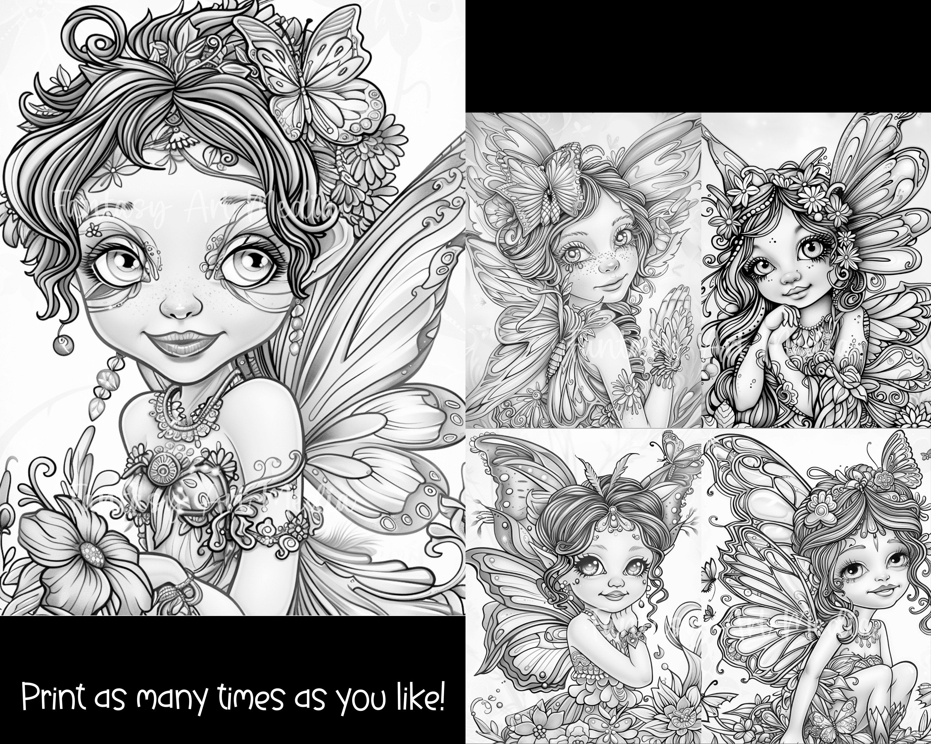 Cute Butterfly Fairies Grayscale Coloring Pages (and Colored Images ...