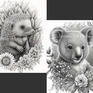 30 Baby Animals (on White) Grayscale Coloring Pages | Printable Adult ...