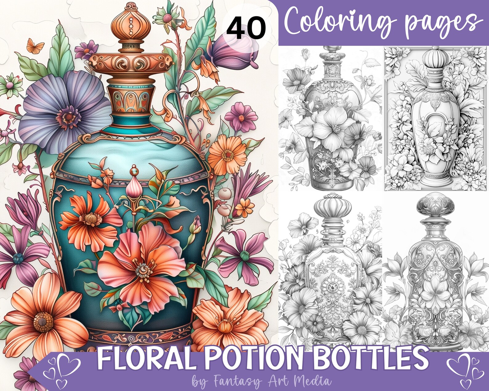 Floral Potion Bottles Grayscale Coloring Pages, Printable Adult ...