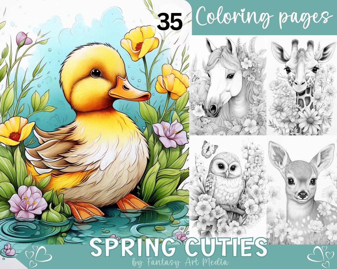 Spring Cuties Grayscale Animals Coloring Pages, Printable Adult Floral ...