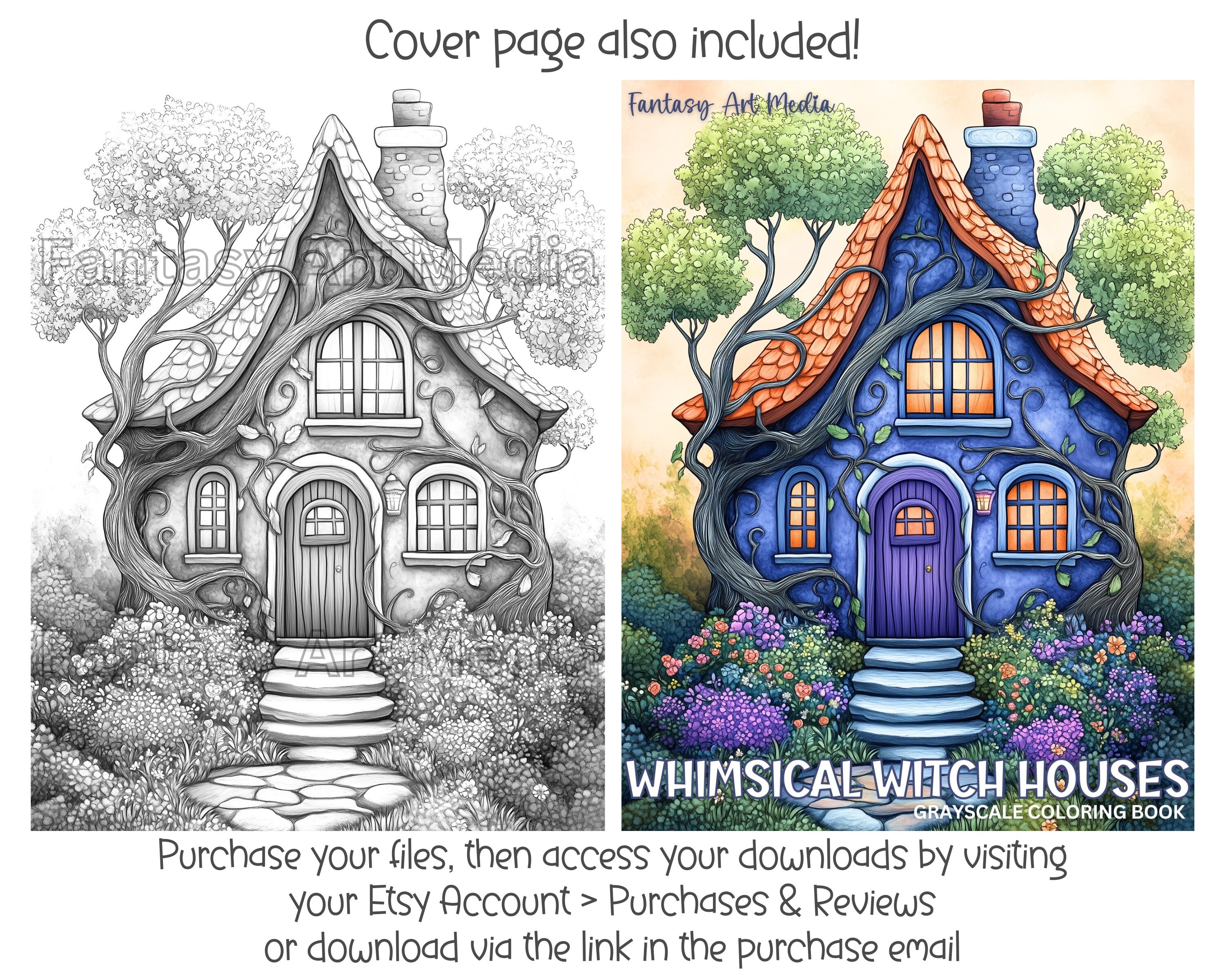 Whimsical Witch Houses Grayscale Coloring Pages, Printable Adult ...