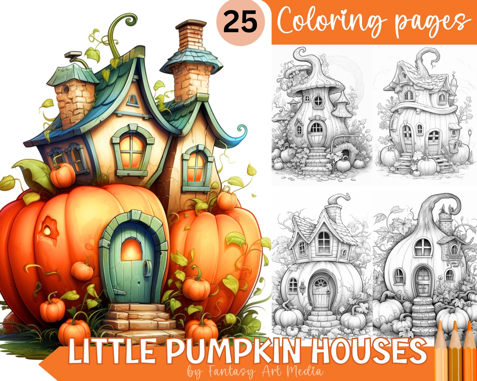 25 Little Pumpkin Houses Coloring Pages Printable Adult Grayscale ...