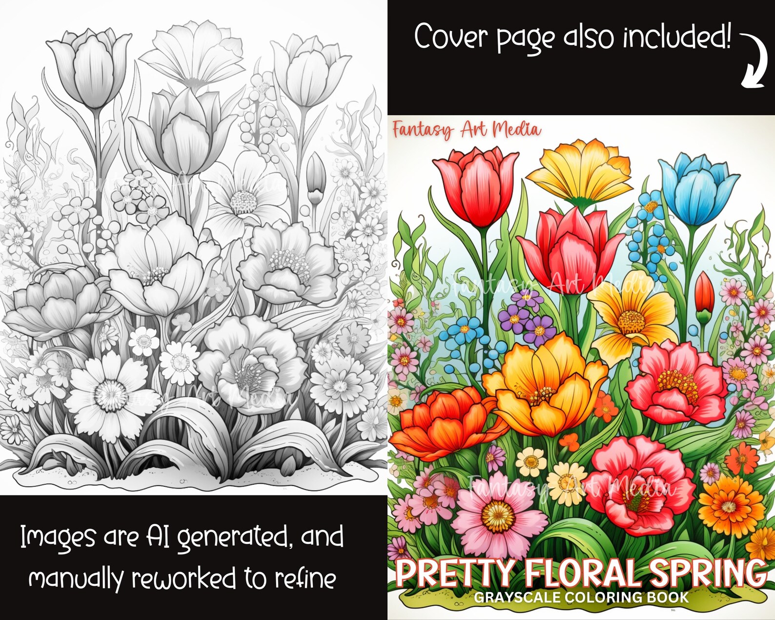 Pretty Floral Spring Coloring Pages | Adult Grayscale Seasonal Flowers ...