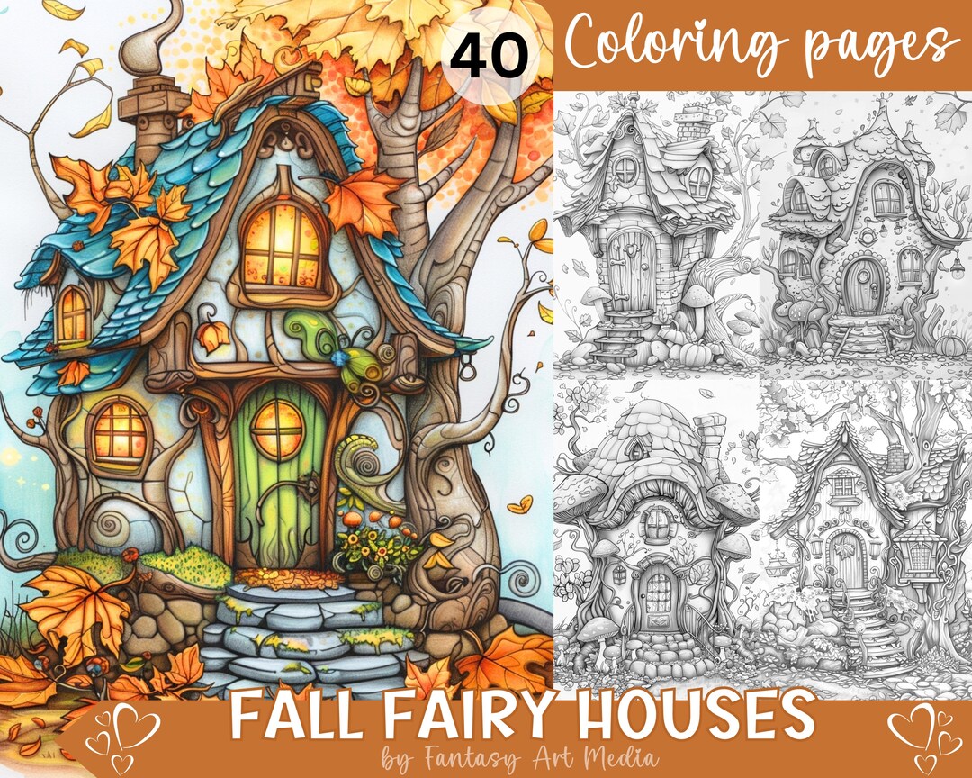 Fall Fairy Houses Coloring Pages | Cute Printable Adult Grayscale ...