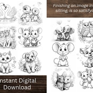 Animals in Love Grayscale Minis Coloring Pages, Printable Adult Small ...
