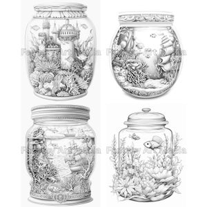 Fishtank Fantasy Jars Coloring Pages, Printable Adult Tropical ...