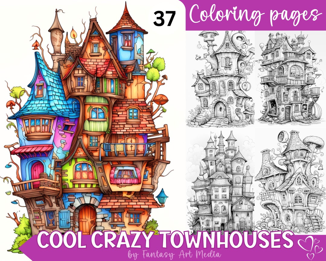 Cool Crazy Houses Coloring Book, Printable Adult Grayscale Townhouse ...