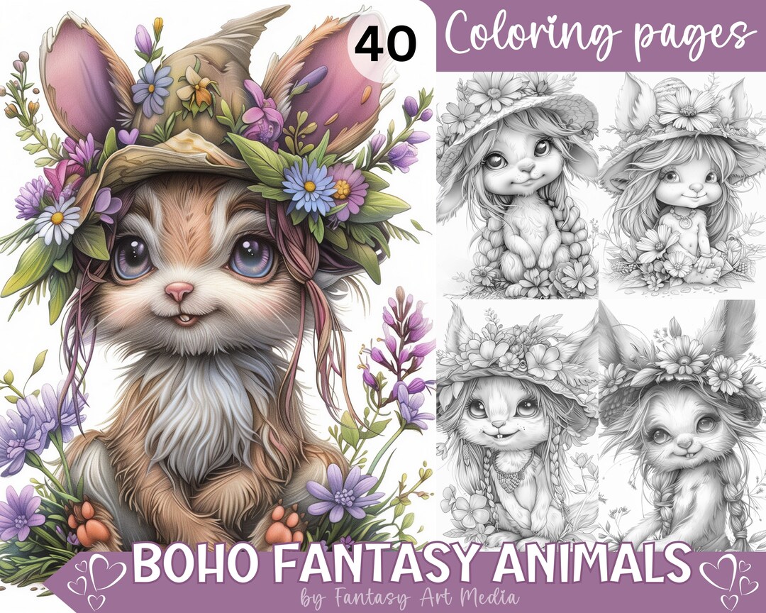 Boho Fantasy Animals Grayscale Cute Coloring Pages - Fun Floral ...