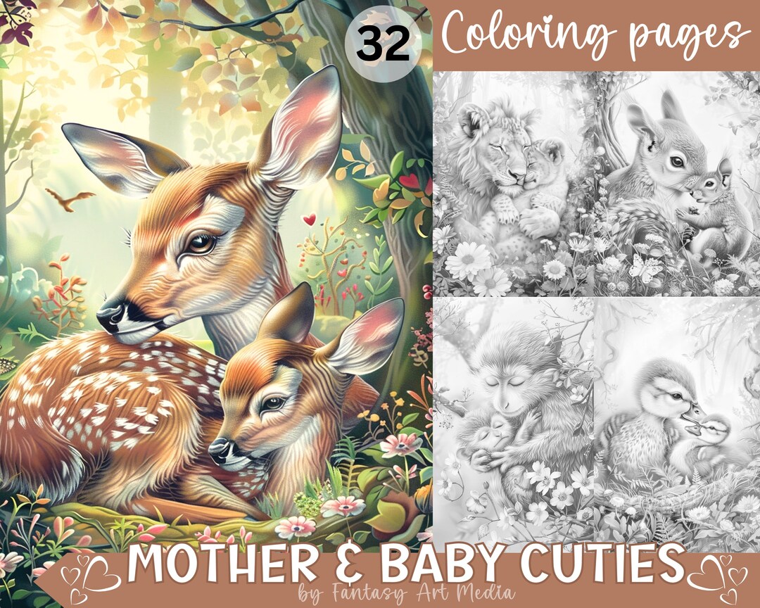Mother & Baby Cuties Coloring Pages, Adult Grayscale Animal Families ...