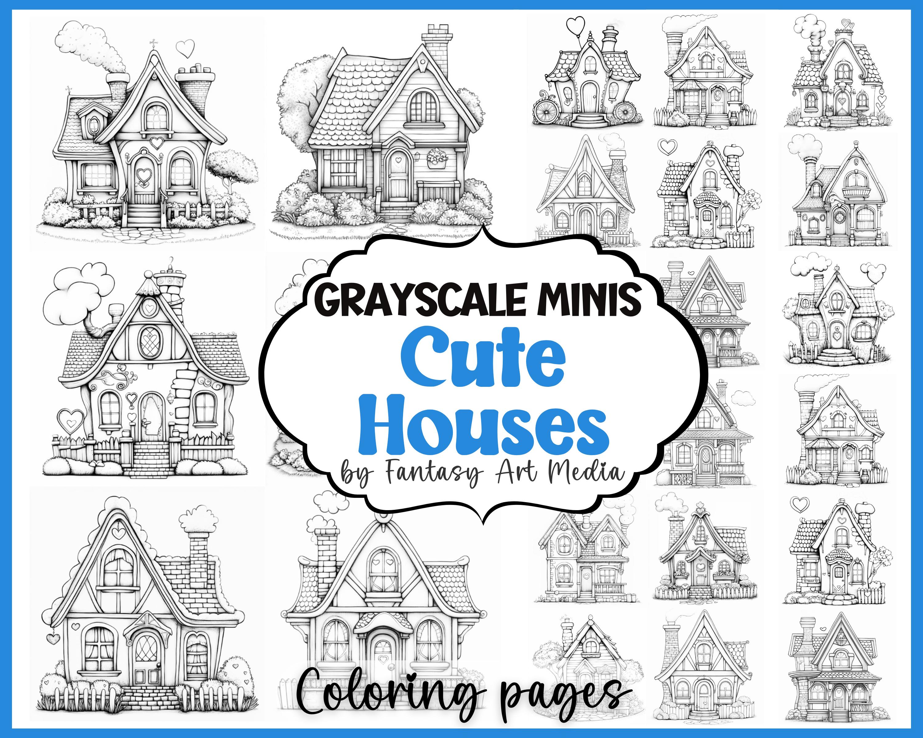 Grayscale Minis "cute Houses" Coloring Pages, Printable Adult Small ...