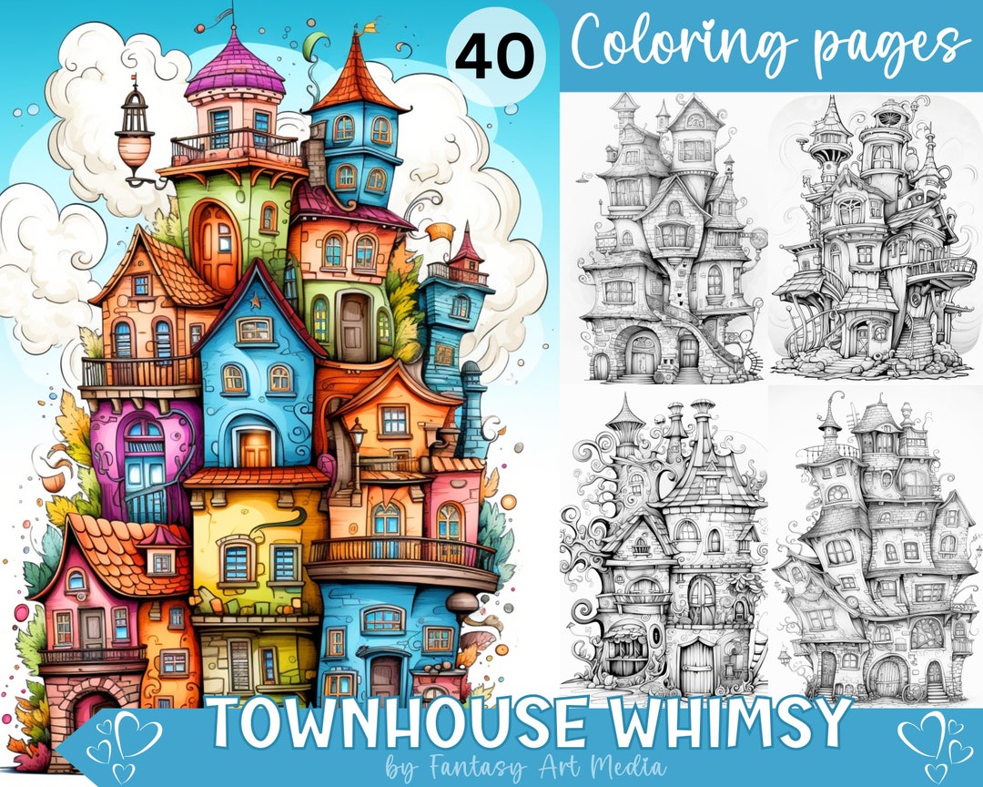 Townhouse Whimsy Coloring Book, Printable Adult Grayscale Whimsical Fun ...