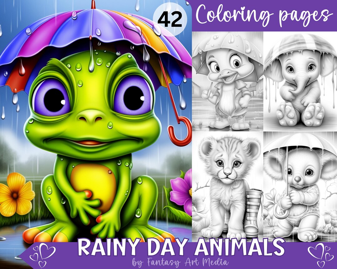 Rainy Day Animals Grayscale Coloring Pages, Cute Adult & Kids Printable ...
