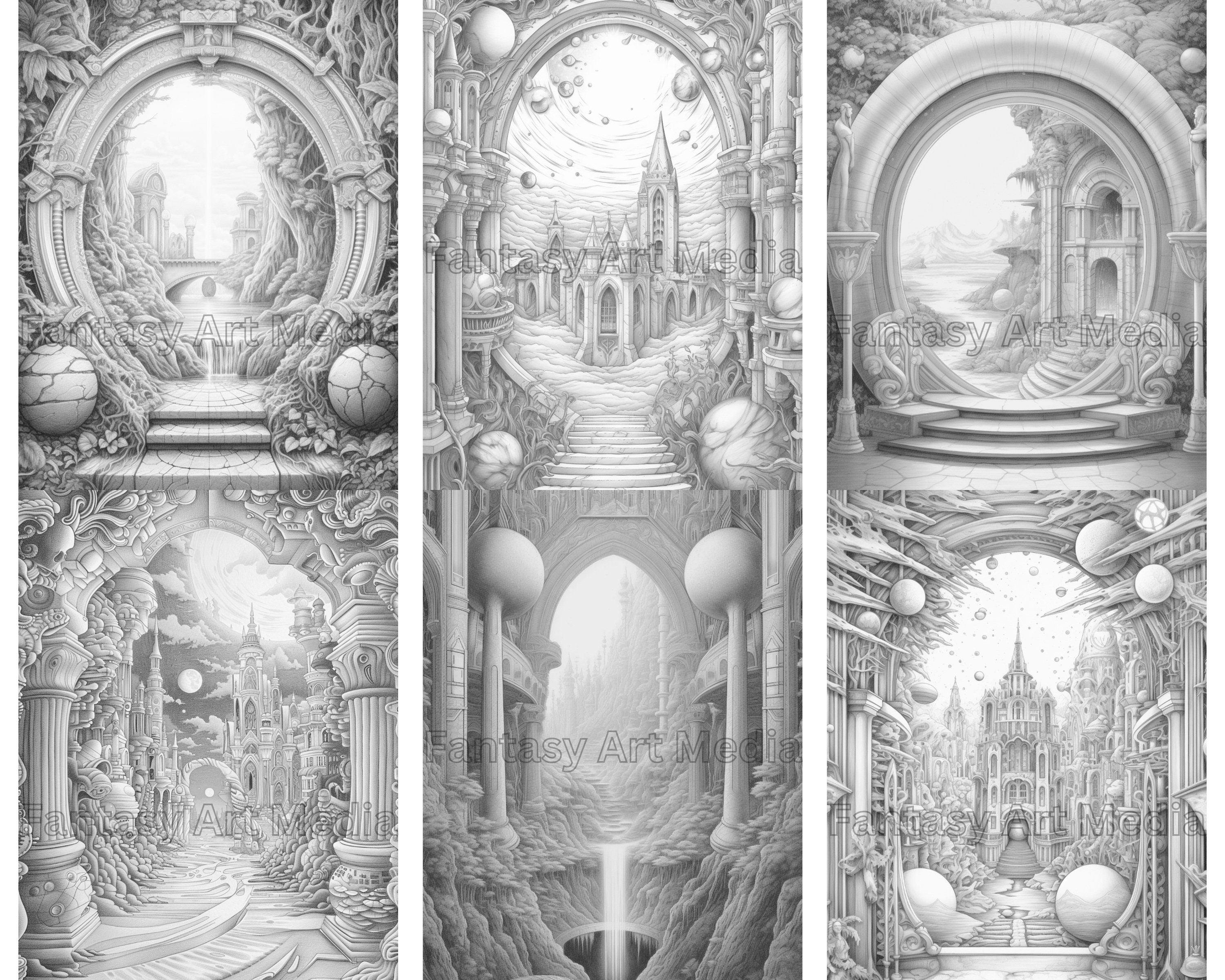 Fantasy Magic Portals Coloring Pages| Printable Adult Space Fairytale ...