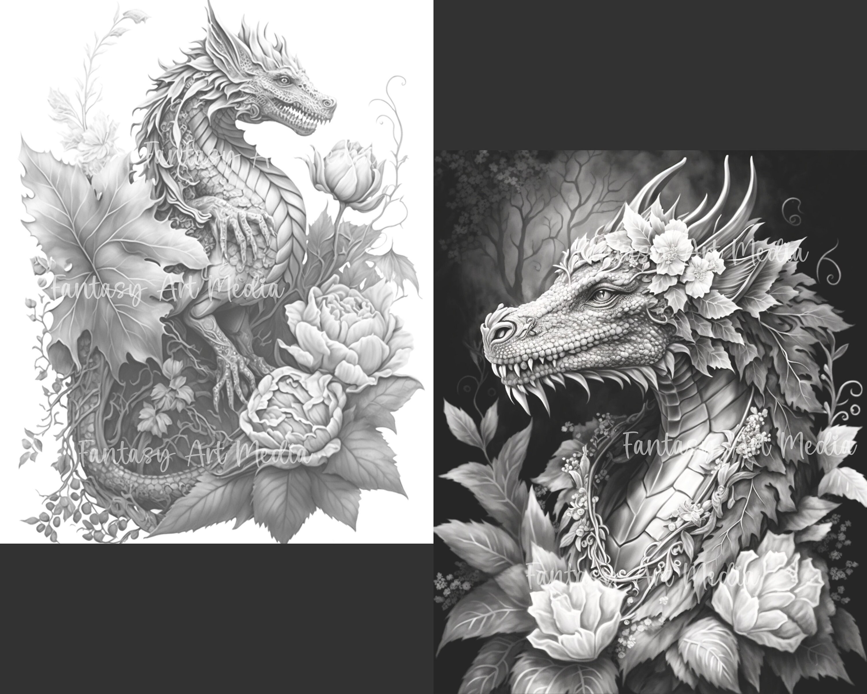 32 Dashing Dragons Grayscale Coloring Pages | Printable Adult Woman ...