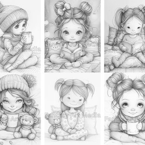 Sleepytime Girls Grayscale Coloring Pages, Fantasy Pyjamas Pjs Sleepy ...