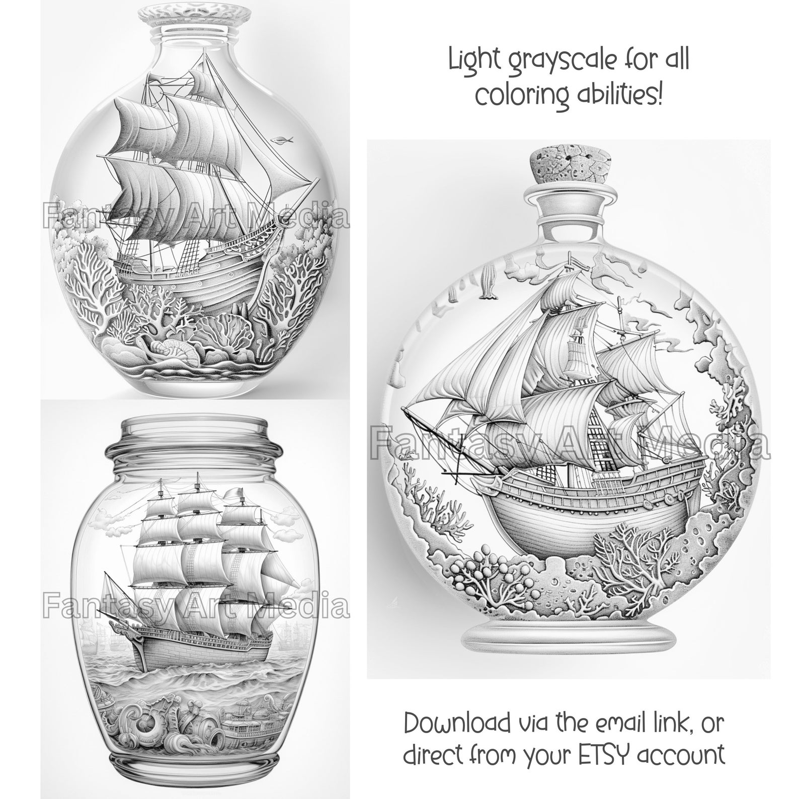 Ship in a Bottle Coloring Pages, Printable Adult Fantasy Fish Water ...