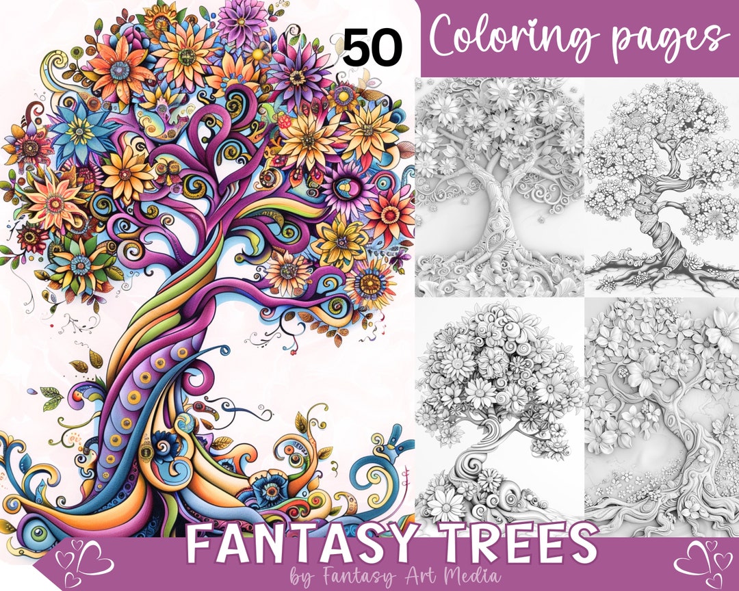 Fantasy Trees Coloring Pages, 50 Printable Adult Grayscale Nature ...
