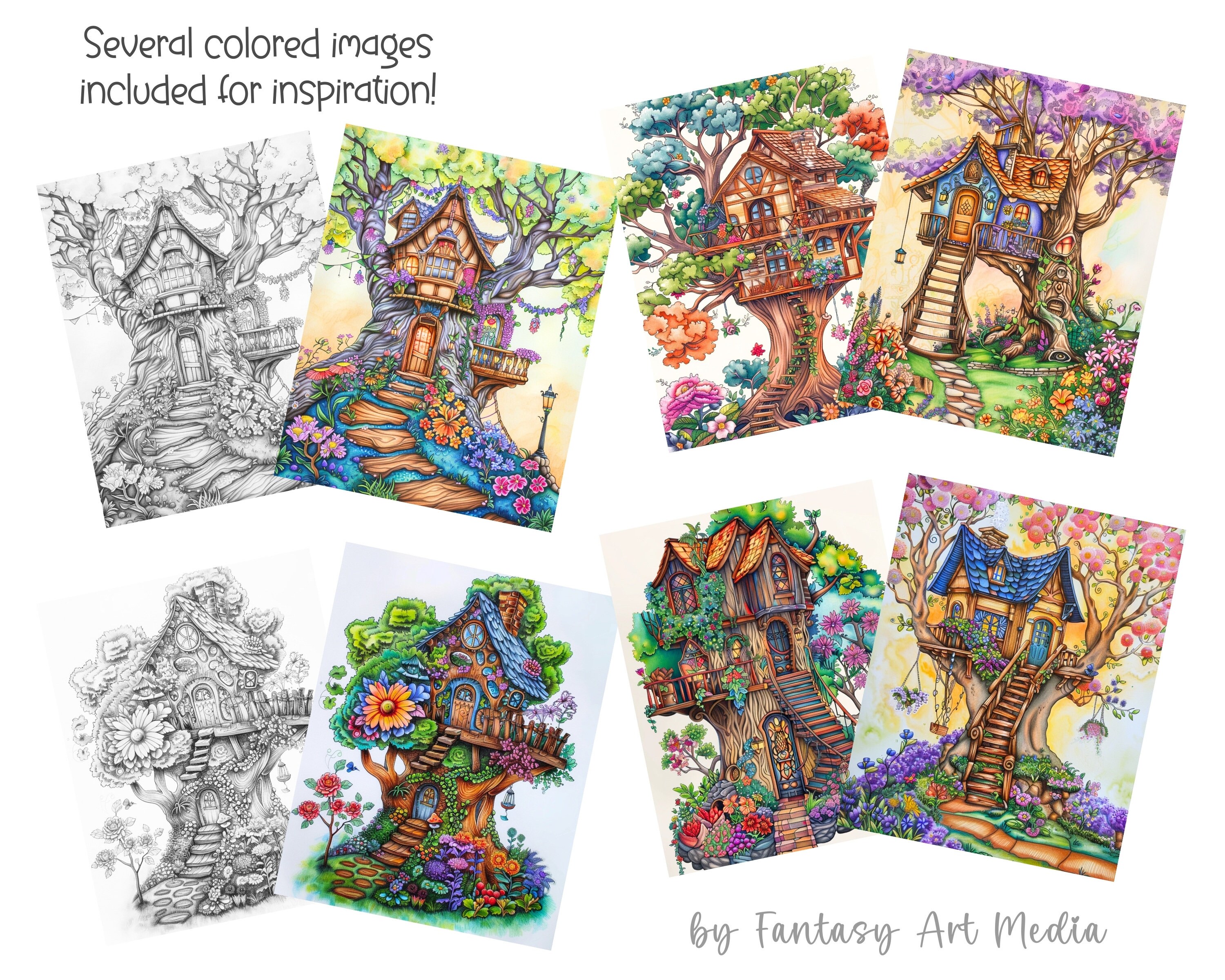 Fantasy Treehouses Coloring Pages, Printable Adult Grayscale Floral ...