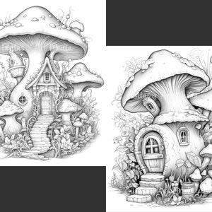 30 Magical Mushroom Houses Coloring Pages | Printable Adult Grayscale ...