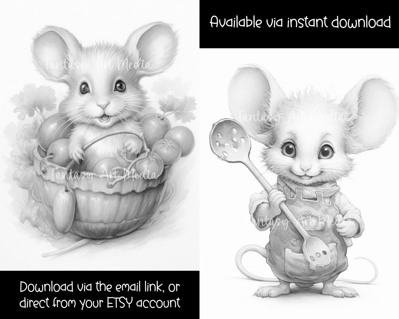 Cute Kitchen Mice Grayscale Coloring Pages, Adults & Children Printable ...