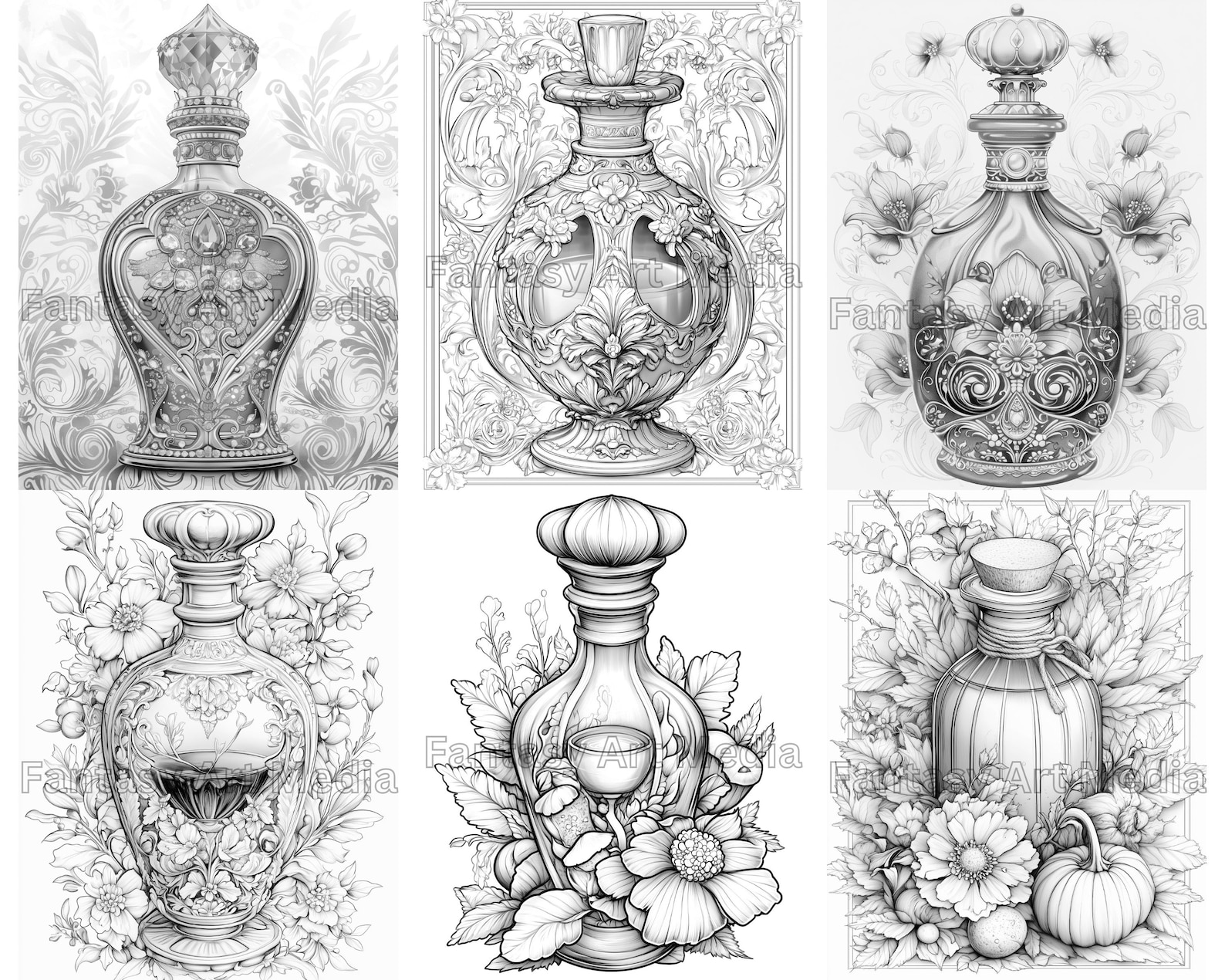 Decadent Potion Bottles Grayscale Coloring Pages, Printable Adult ...