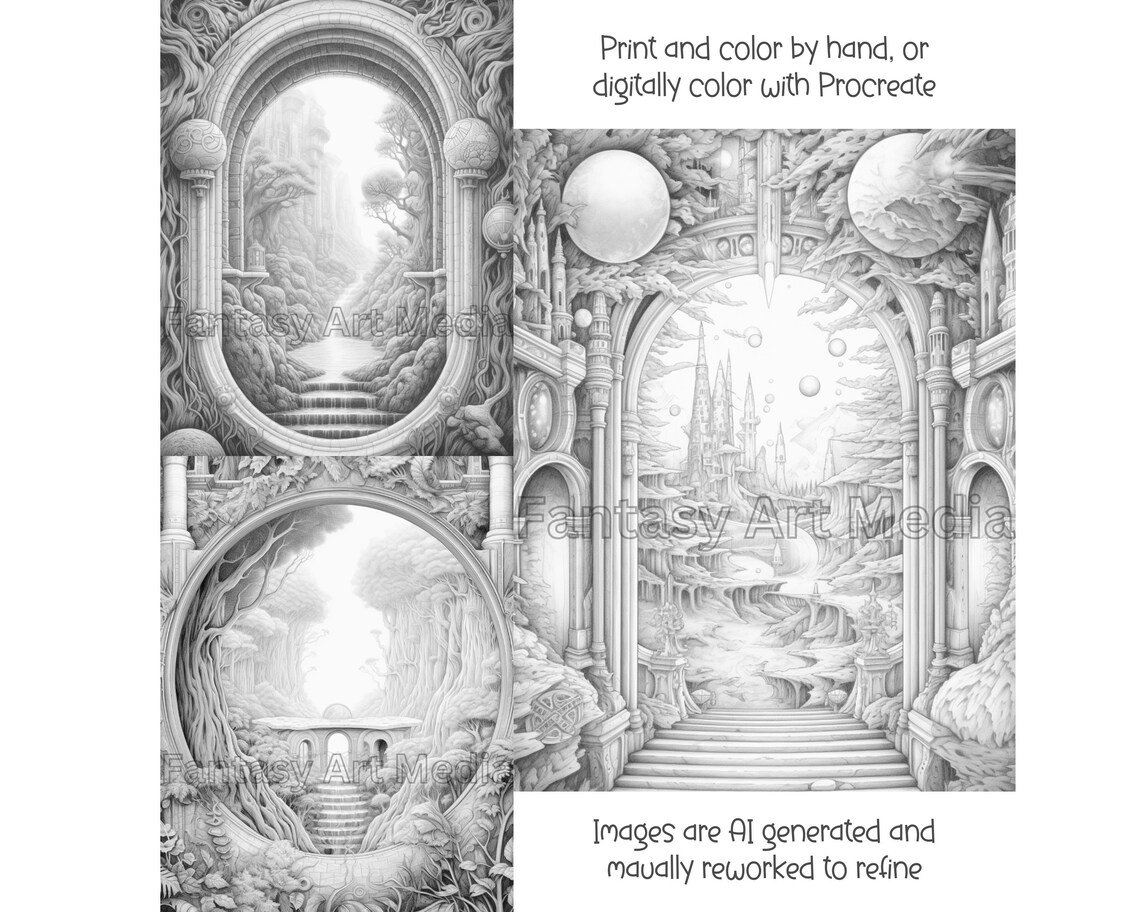 Fantasy Magic Portals Coloring Pages| Printable Adult Space Fairytale ...