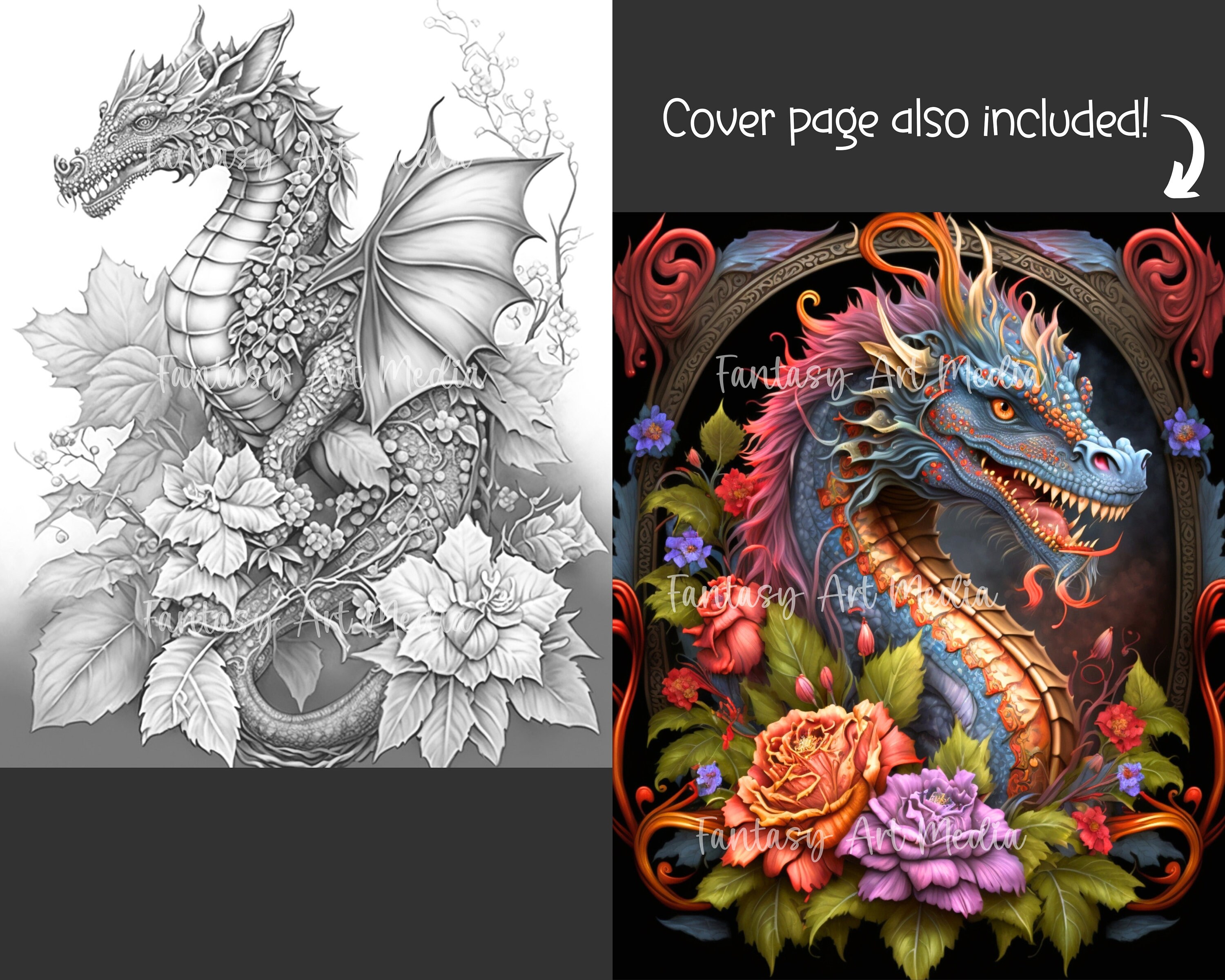 35 Dazzling Dragons Grayscale Coloring Pages Printable Adult - Etsy
