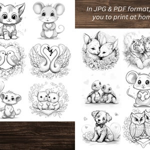 Animals in Love Grayscale Minis Coloring Pages, Printable Adult Small ...